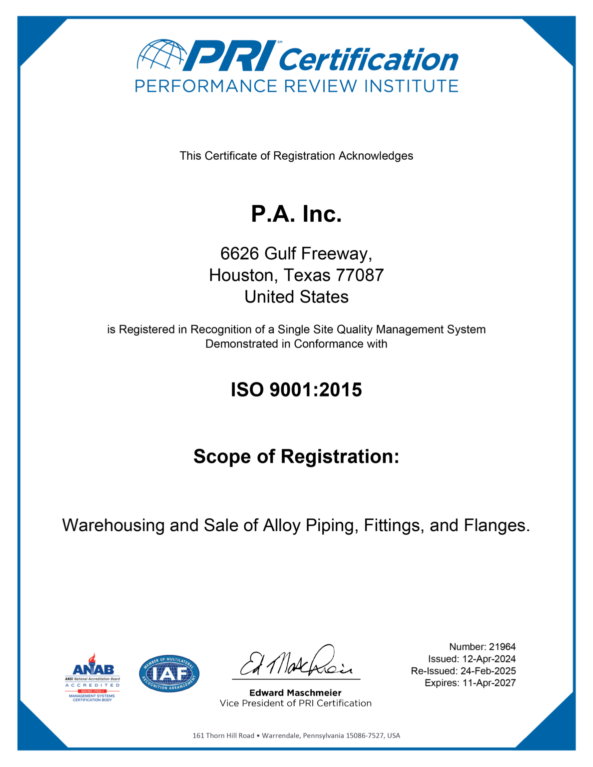 About Us – P.A. Inc. High Nickel Alloy Piping Distributor Houston TX.